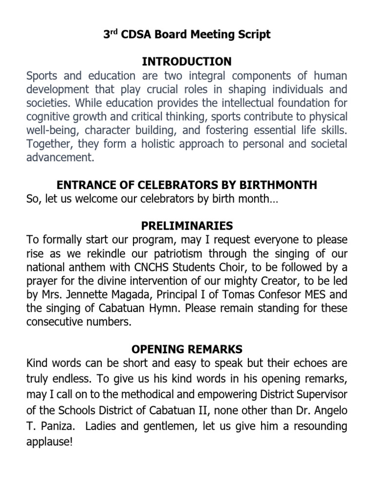 3rd Cdsa Board Meeting Script Pdf