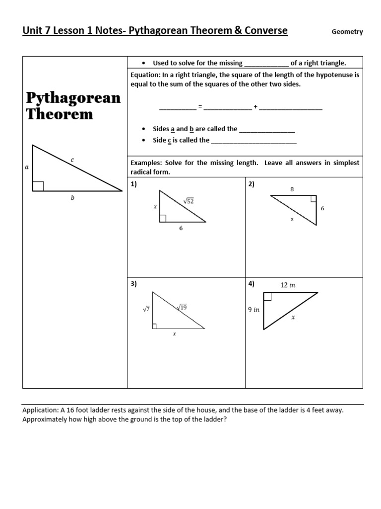High School Geometry Unit 7 "Pythagorean Theorem" Lesson 1 Fill in ...