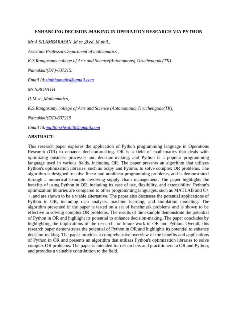 Enhancing Decision Making in Operation Research Via Python | PDF