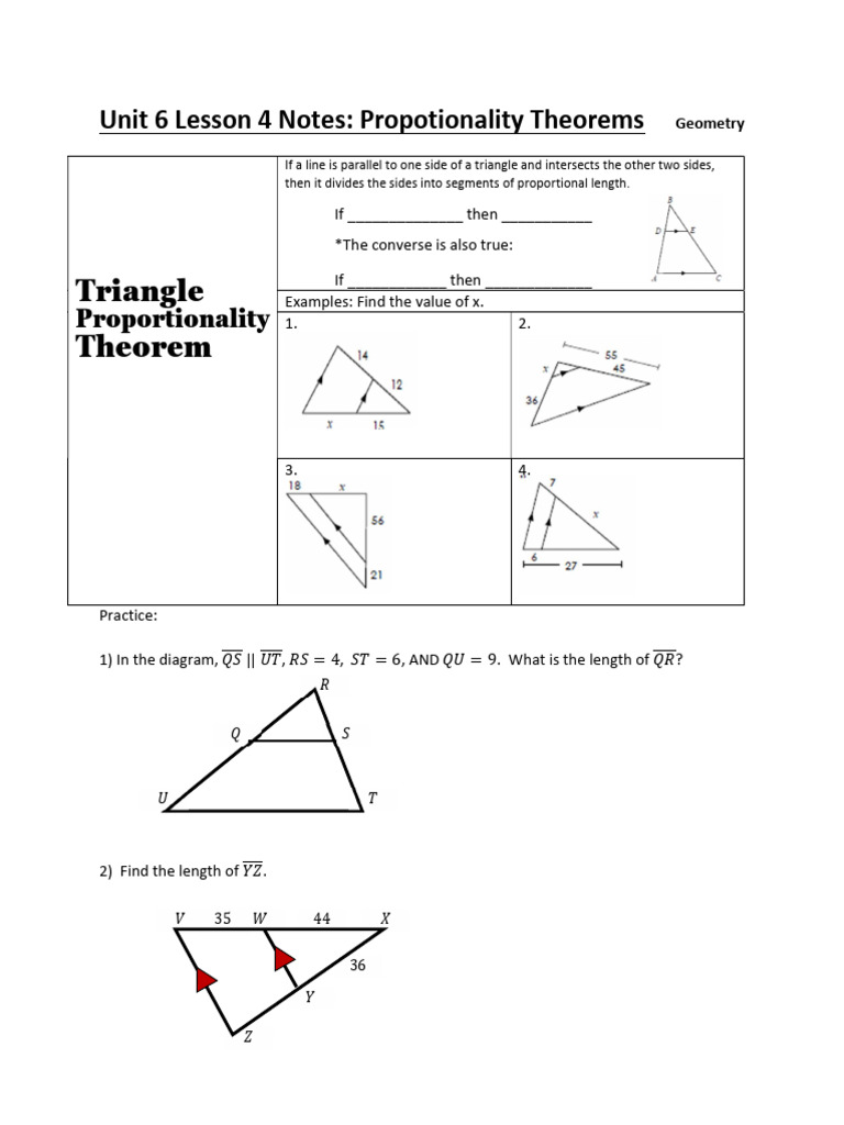 High School Geometry Unit 6 Lesson 4 - Proportionality Statements ...
