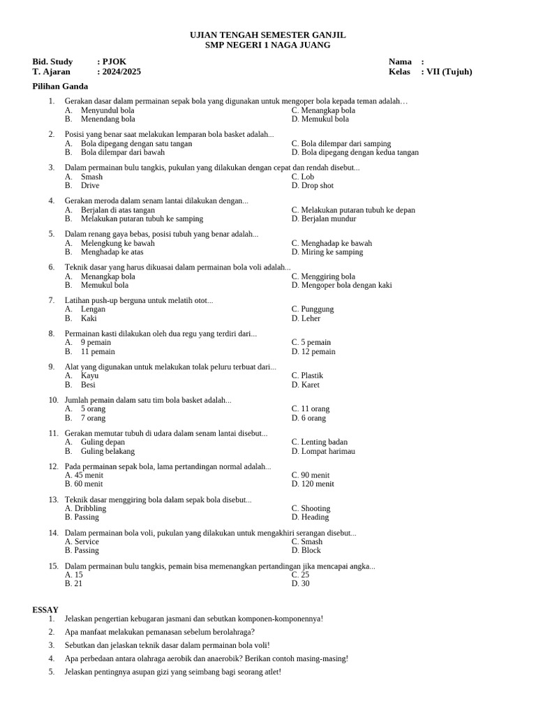 SOAL PJOK KLS 7 UTS SEM 1 KURMER 2024 N | PDF