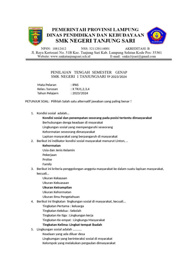 Taufiq - Soal Ipas PTS Genap 2023 - 24 KLS X TKJ1 - 2 - 3 - 4 | PDF