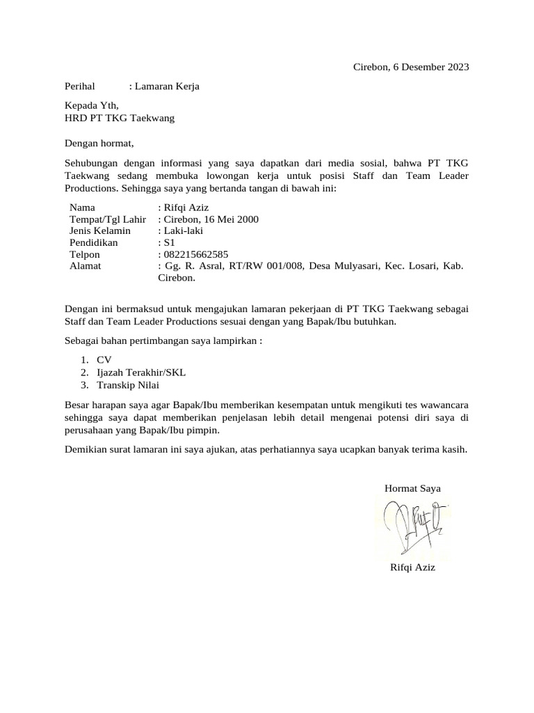 Surat Lamaran PT Taekwang | PDF