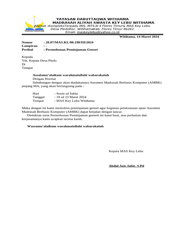 Surat Peminjaman Alat | PDF