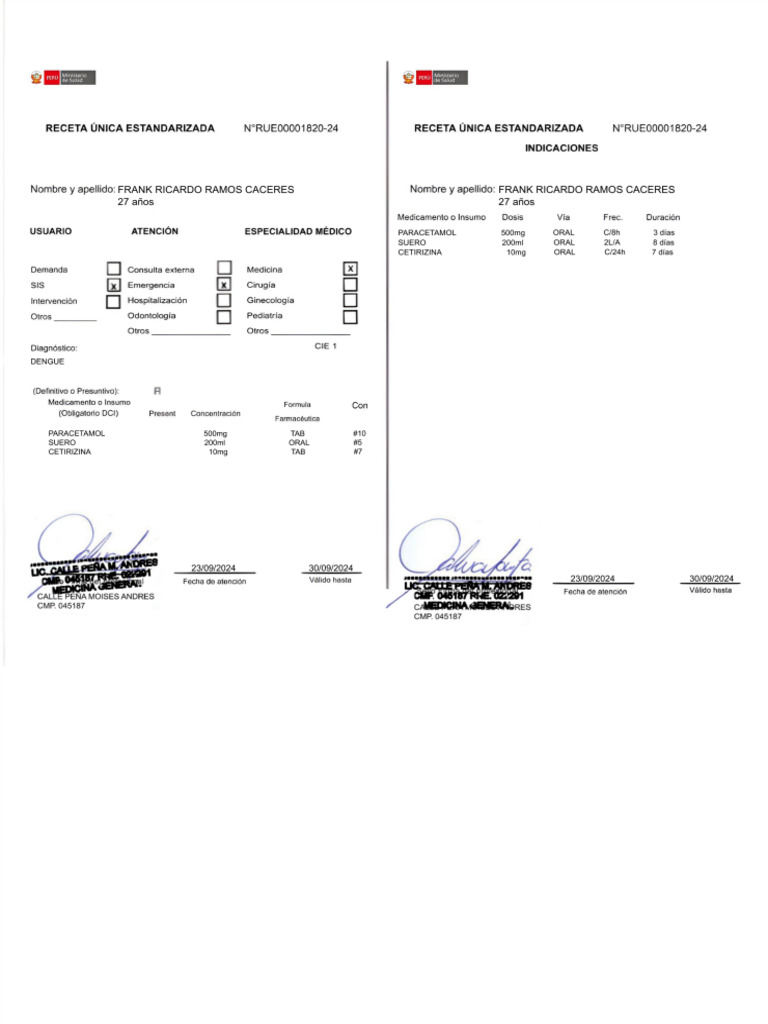 Dengue Receta Médica Minsa | PDF