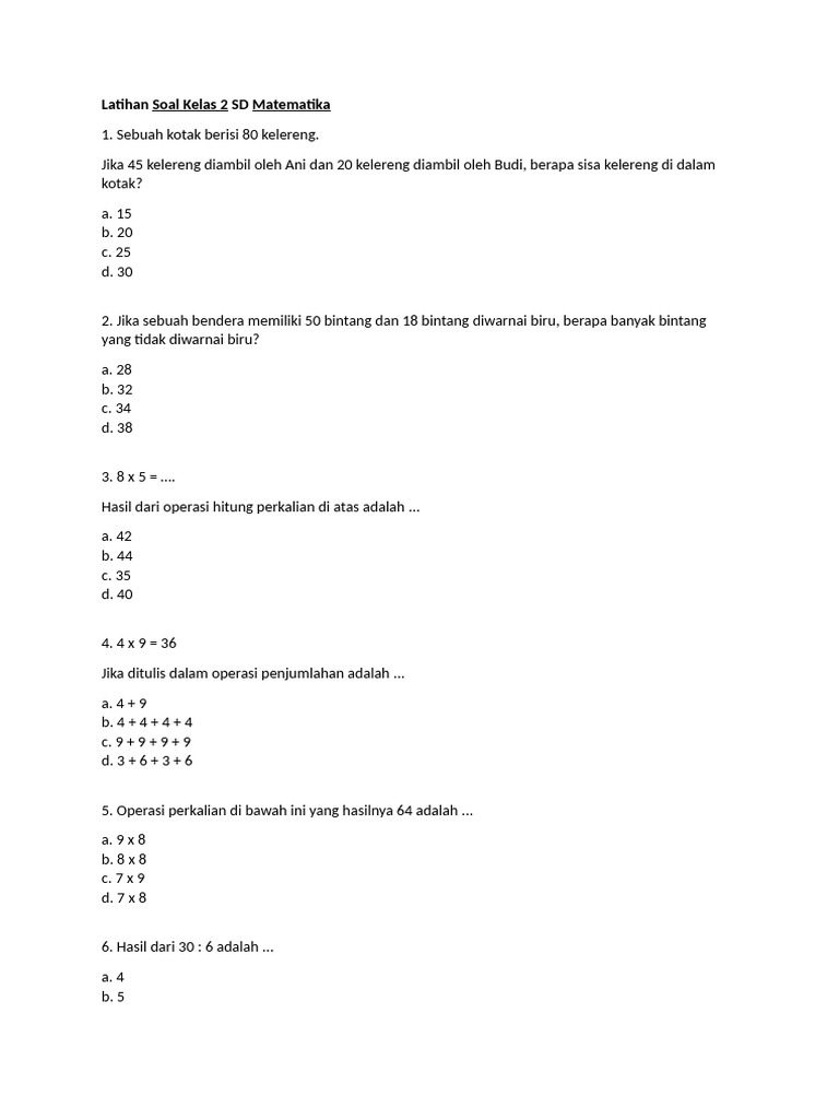 Latihan soal kelas 2 SD/MI | PDF