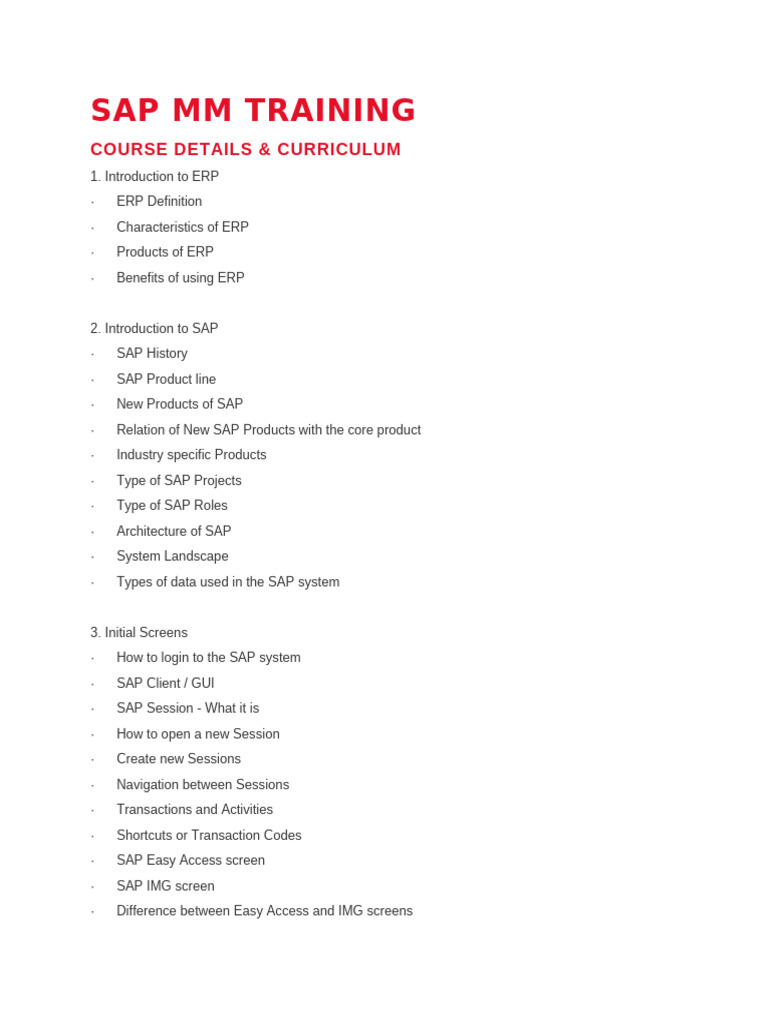 SAP MM TRAINING Course Content | PDF