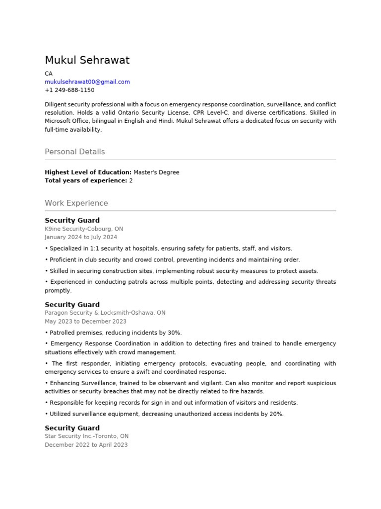 Mukul Sehrawat: Personal Details | PDF