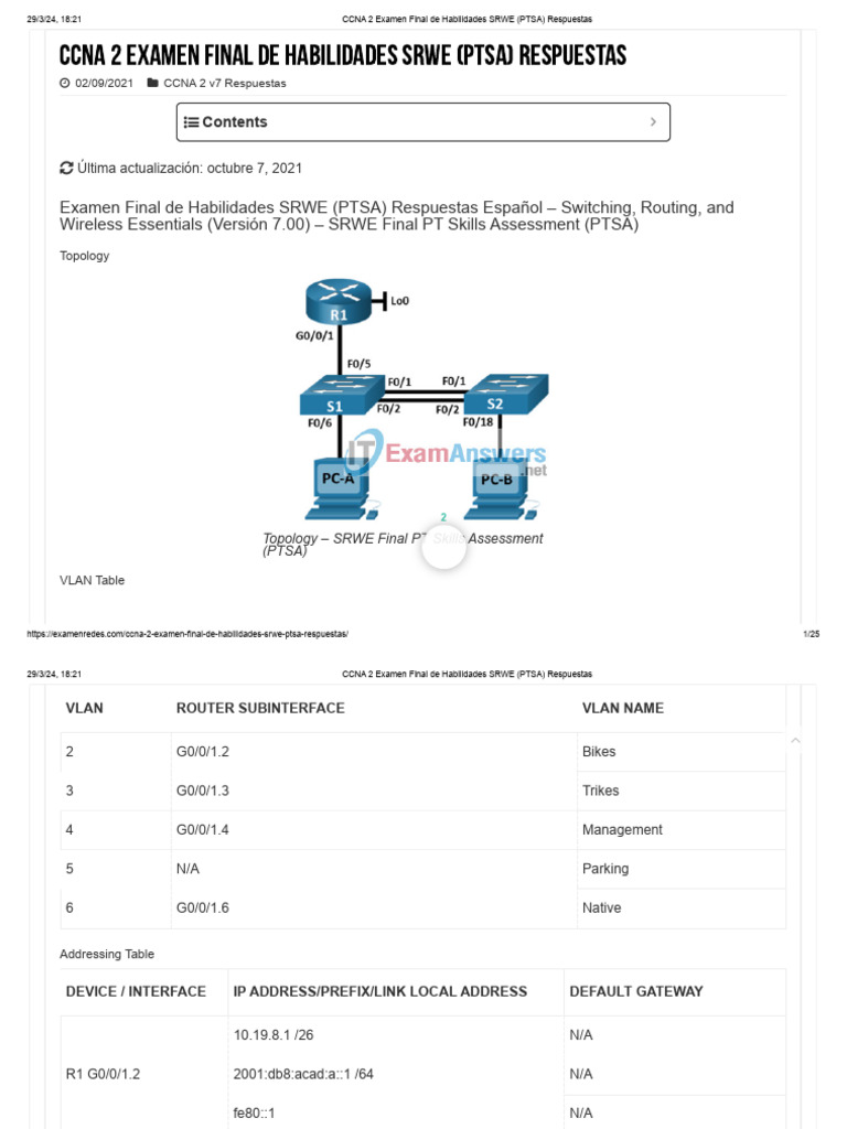 CCNA 2 Examen Final de Habilidades SRWE (PTSA) Respuestas | PDF