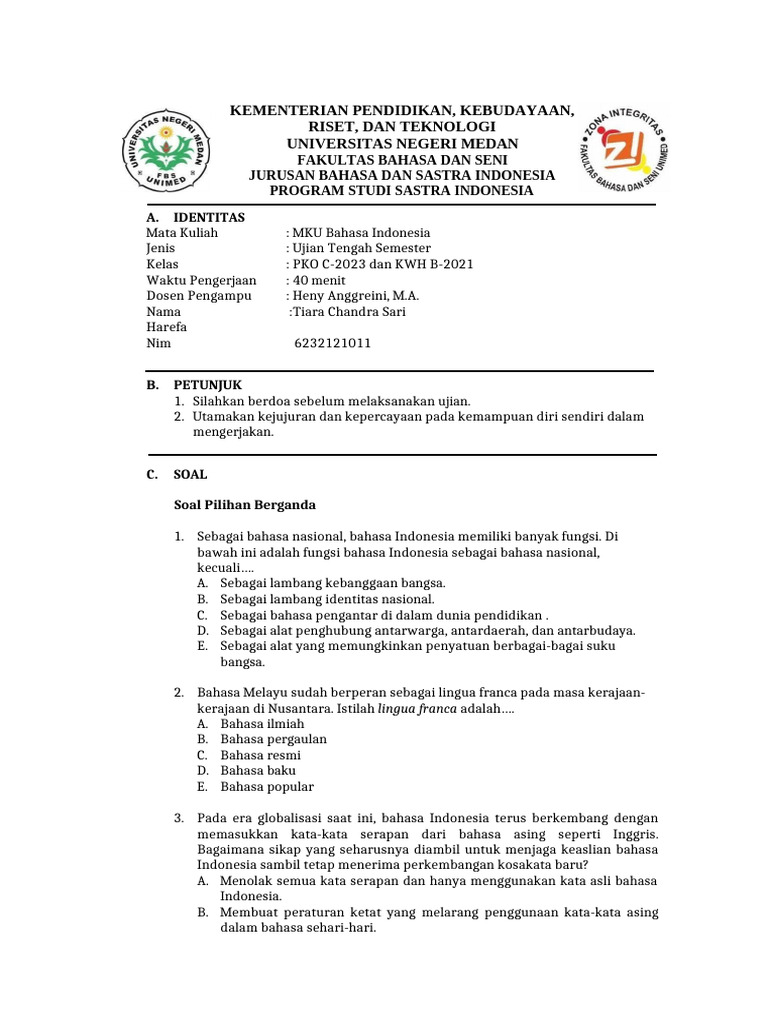 Soal Uts - Mku Bahasa Indonesia | PDF