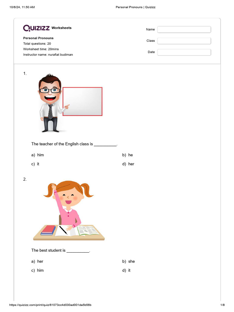 Personal Pronouns - Quizizz | PDF