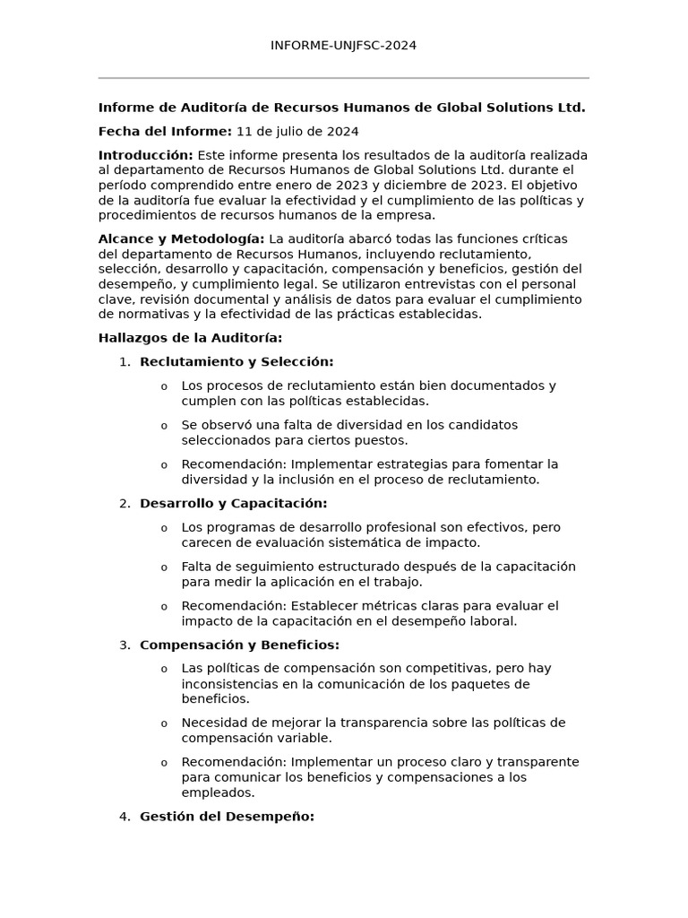 Informe de Auditoría de Recursos Humanos de Global Solutions LTD | PDF