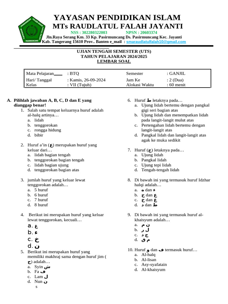 SOAL MTs MAPEL BTQ KLS 7 | PDF