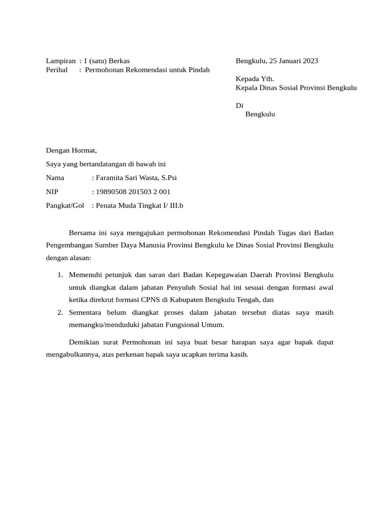 Permohonan Pindah Tugas MIta | PDF