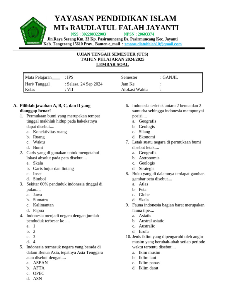 SOAL MTs MAPEL IPS KLS 7,8,9 | PDF
