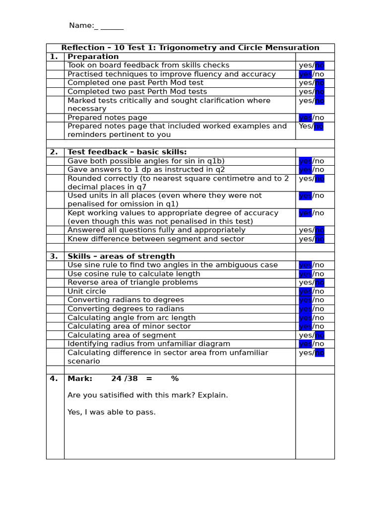 Yr10 Test 1reflection | PDF