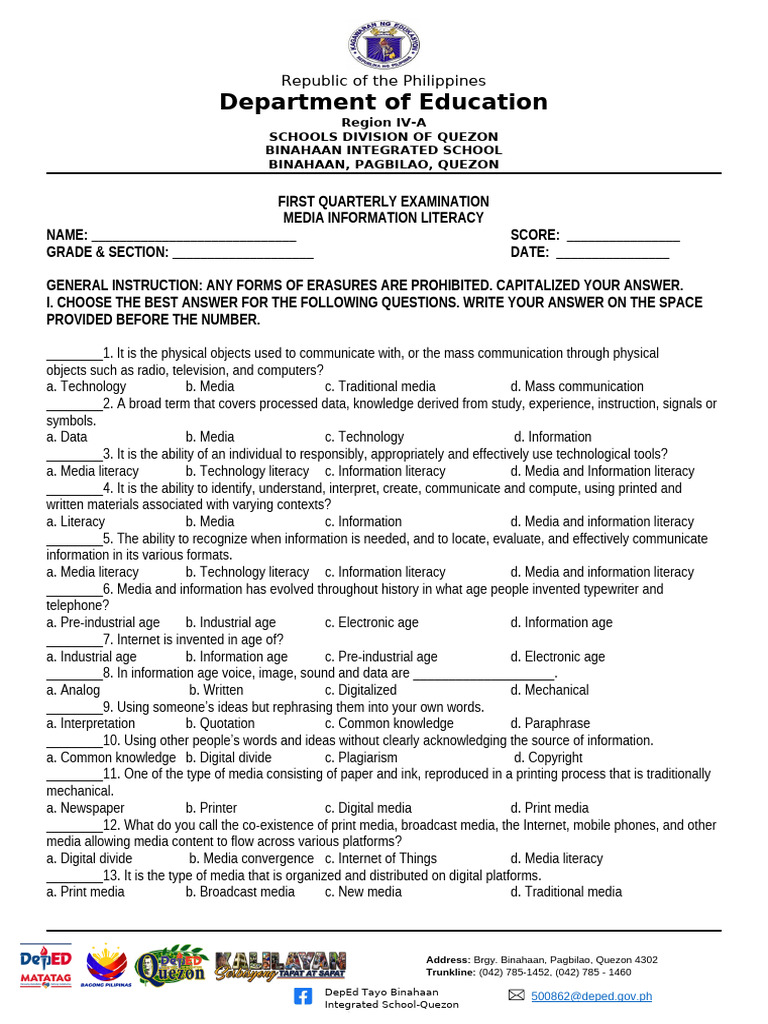 MIL-GRADE 12- 1ST QUARTER eXAM | PDF