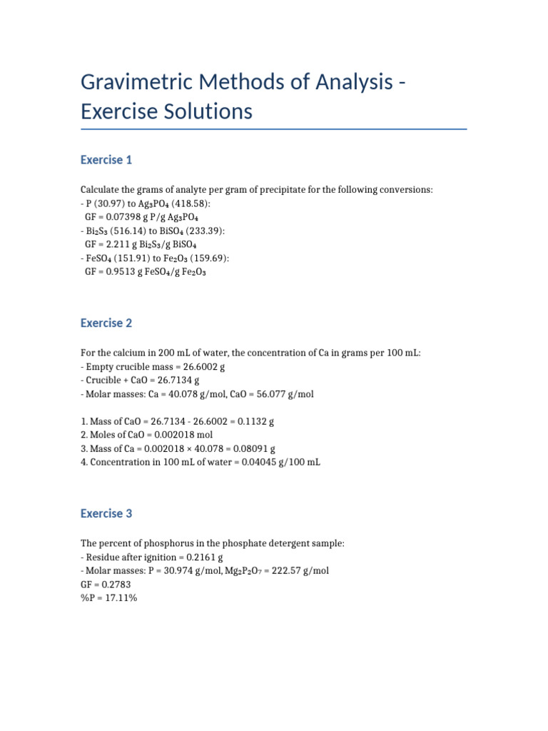 Gravimetric Analysis Exercise Solutions | PDF | Science & Mathematics