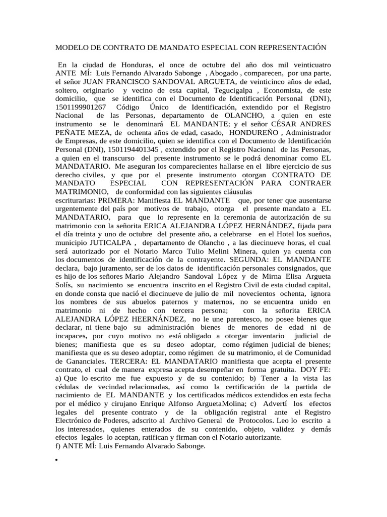 Modelo de Mandato Especial Matrimonial | PDF