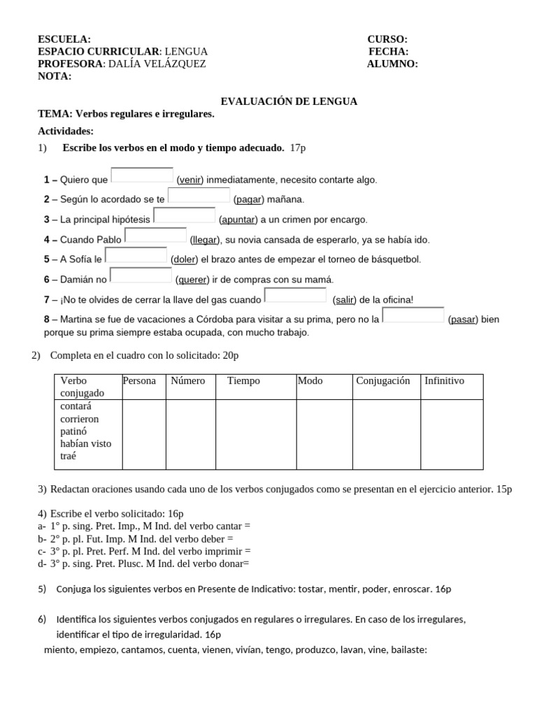 Evaluación Verbos | PDF