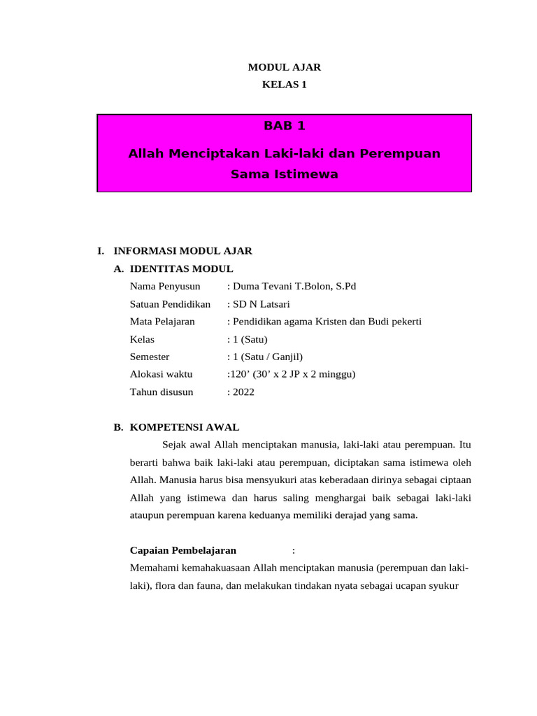 Modul Ajar Kelas 1 (Genap) | PDF