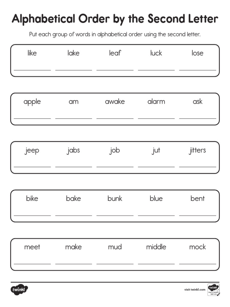 BW Alphabetical Order by Second Letter Activity | PDF