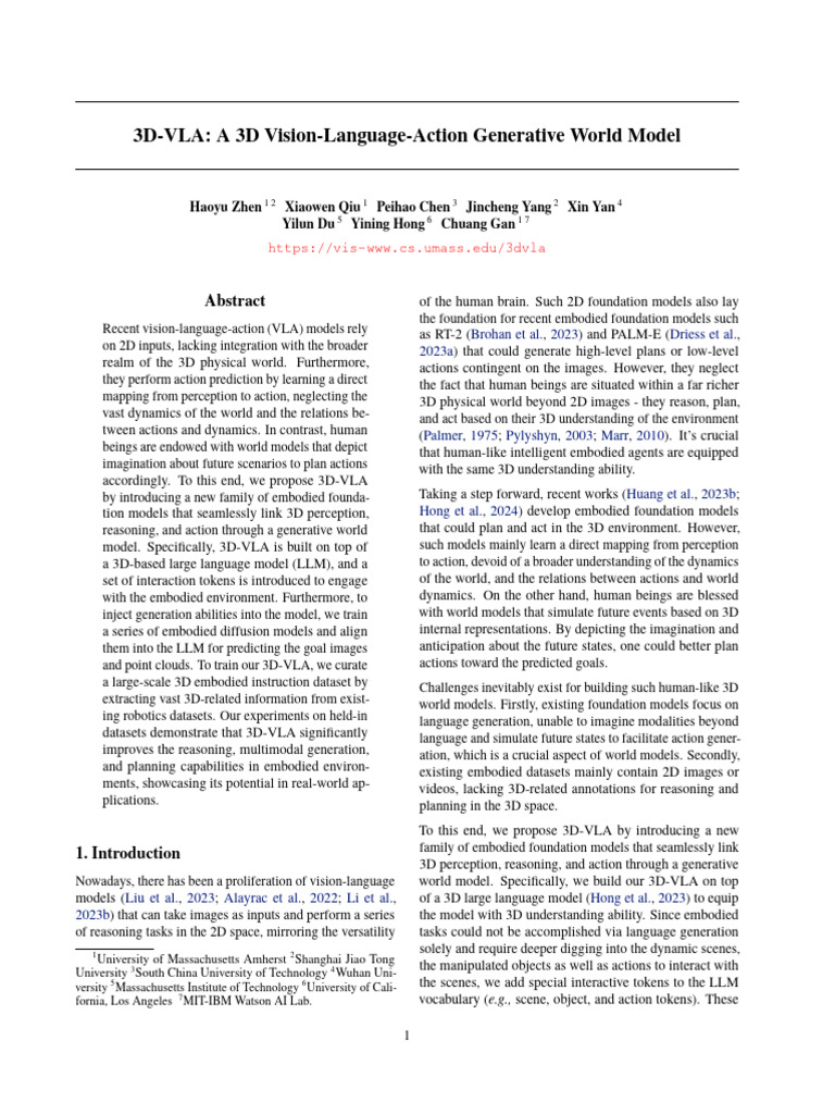 3D-VLA - A 3D Vision-Language-Action Generative World Model | PDF