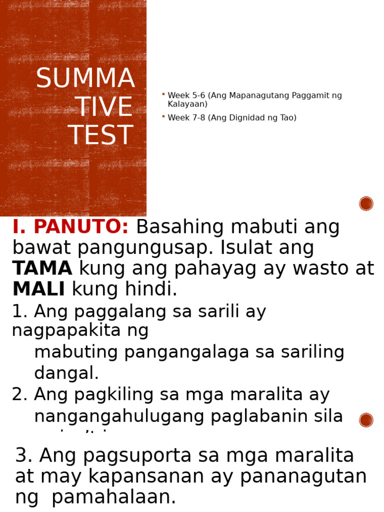 Esp 10-Dignidad at Kalayaan - Summative Test | PDF