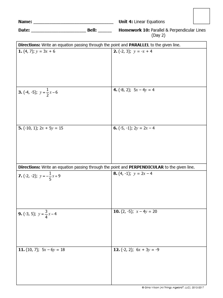 Writing Equations of Parallel and Perpendicular Lines HW 10 | PDF