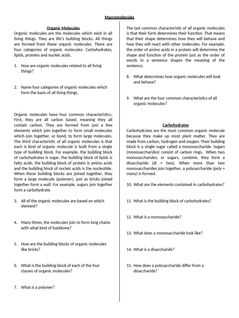 Macromolecules Reading 1 Pdf