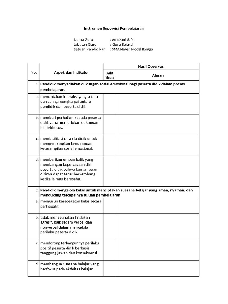 Instrumen Supervisi Pembelajaran AMI | PDF