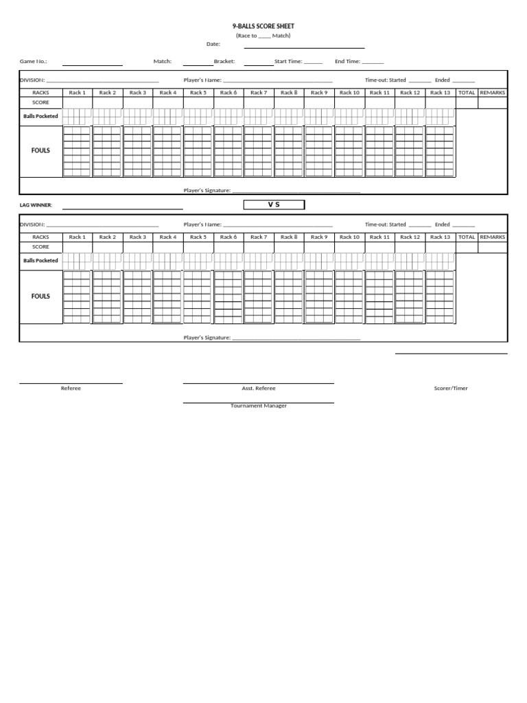 9 Balls Score Sheet | PDF