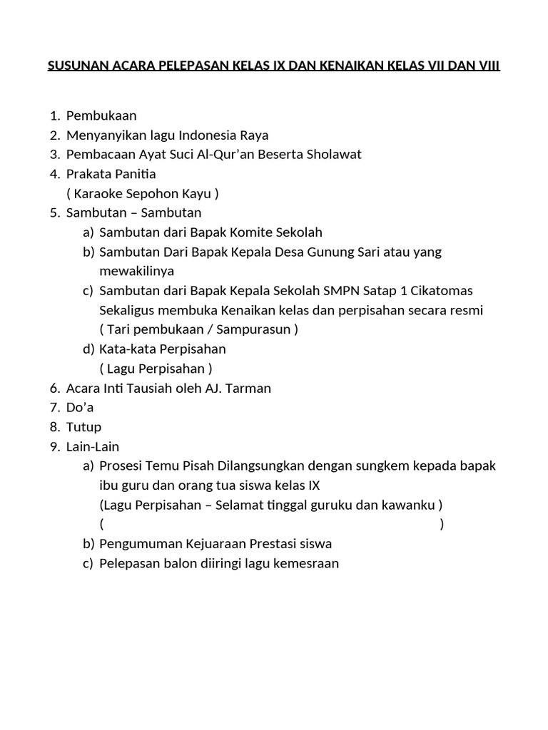 SUSUNAN ACARA PELEPASAN KELAS IX DAN KENAIKAN KELAS VII DAN VIII | PDF SUSUNAN ACARA PELEPASAN KELAS IX DAN KENAIKAN KELAS VII DAN VIII | PDF