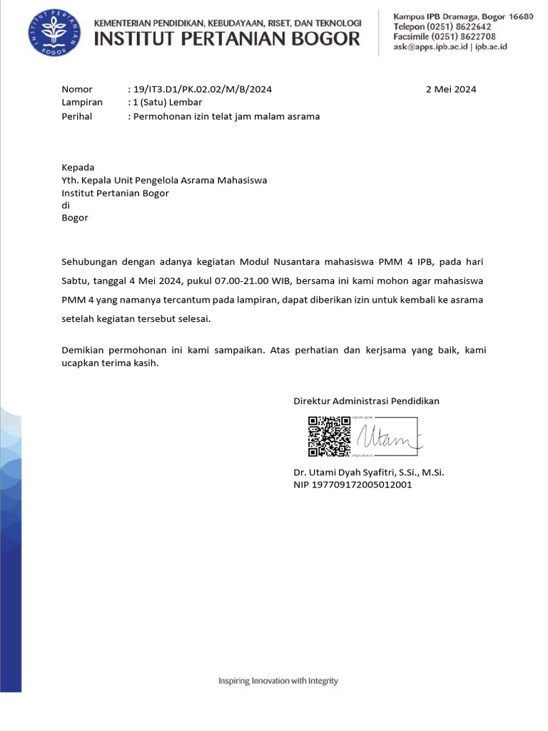 Surat Ijin Asrama IPB Kelompok 3 | PDF