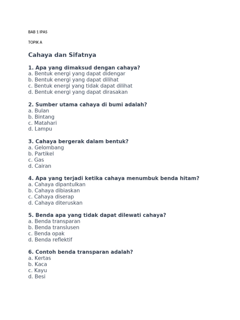 Bab 1 Ipas Topik A Cahaya Dan Sifatnya | PDF