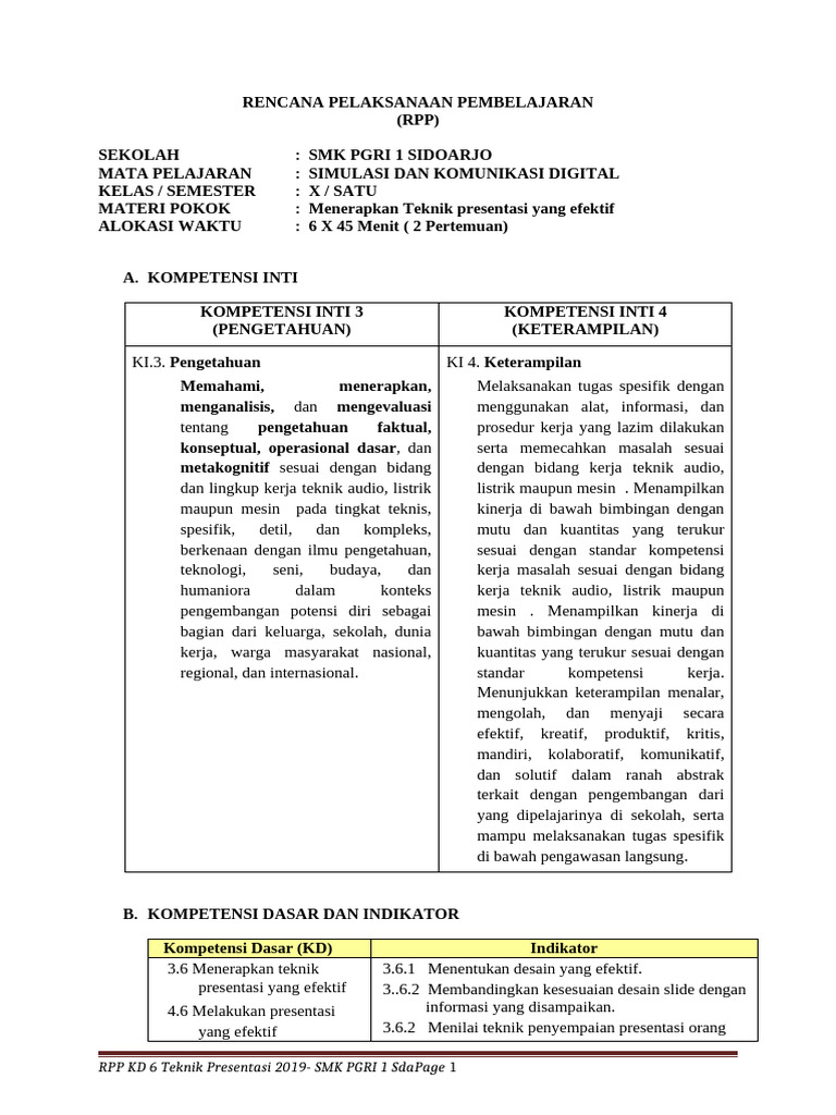RPP KD 6 Teknik Presentasi1819 | PDF