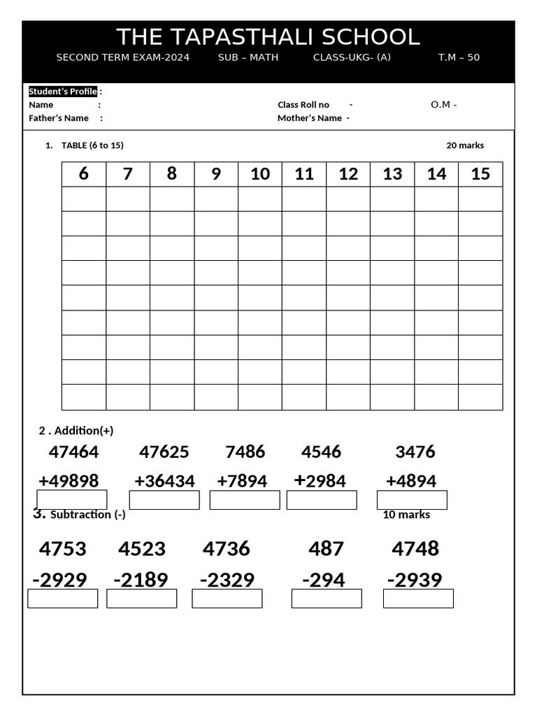 UKG Maths Second Term Exam Paper | PDF