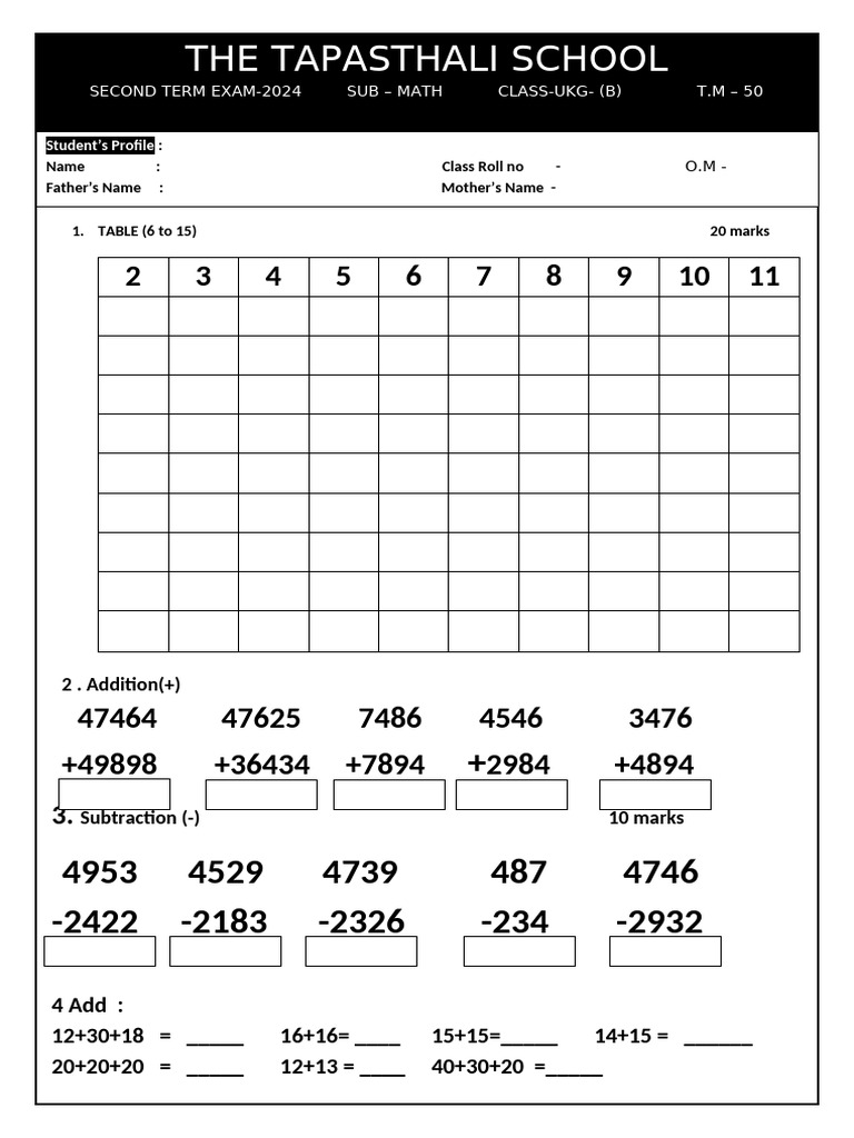 Math Exam for UKG Students | PDF