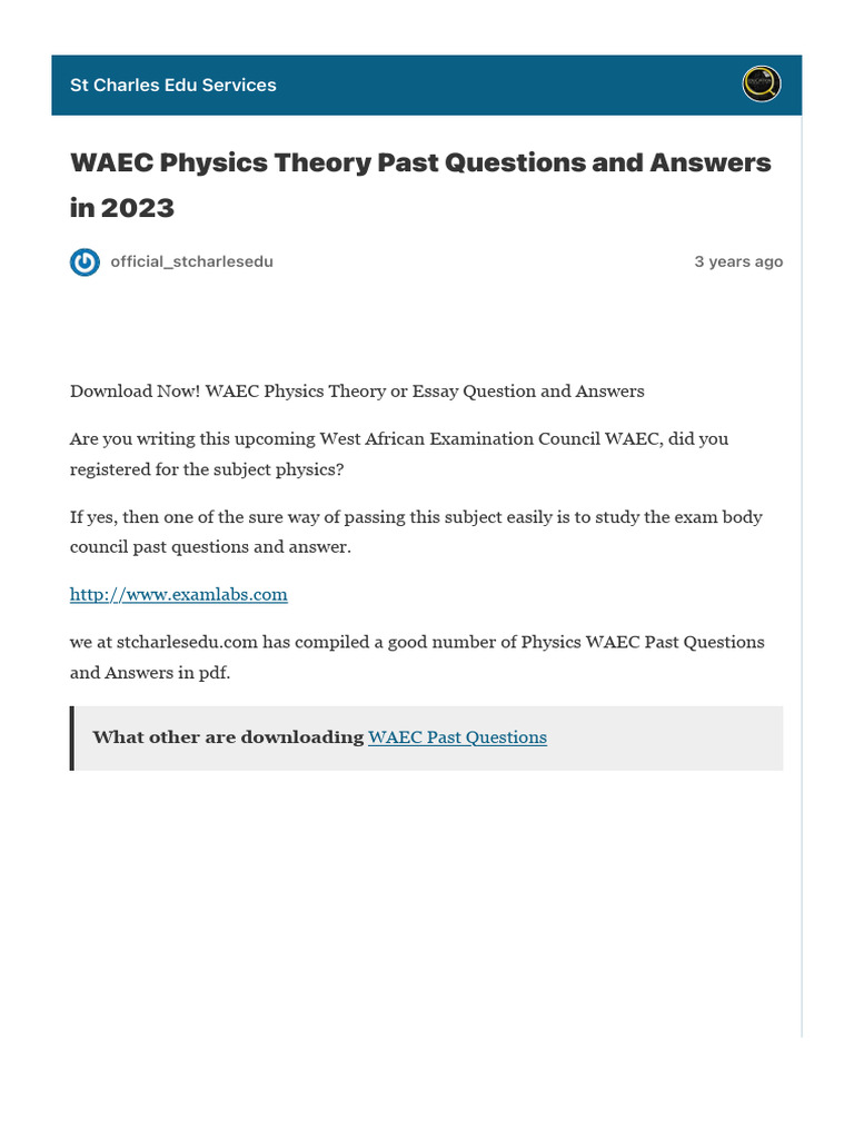 WAEC Physics Theory Past Questions and Answers in 2023 - ST Charles Edu ...