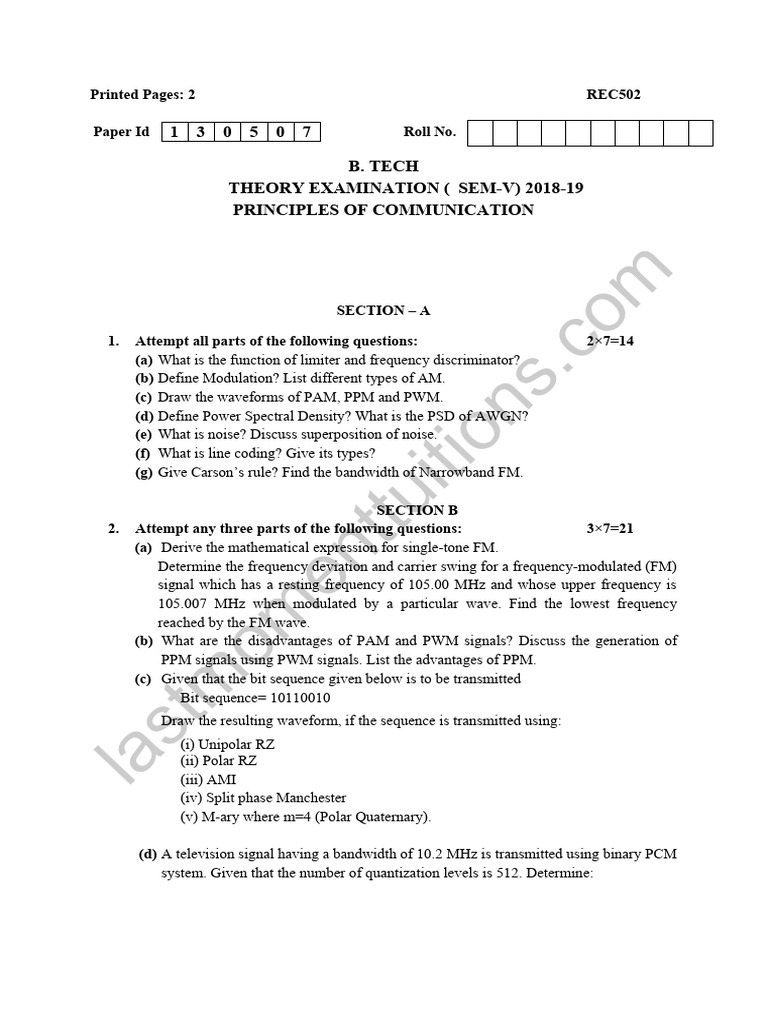 Btech Ec 5 Sem Principles of Communication Rec 502 2018 19 | PDF ...