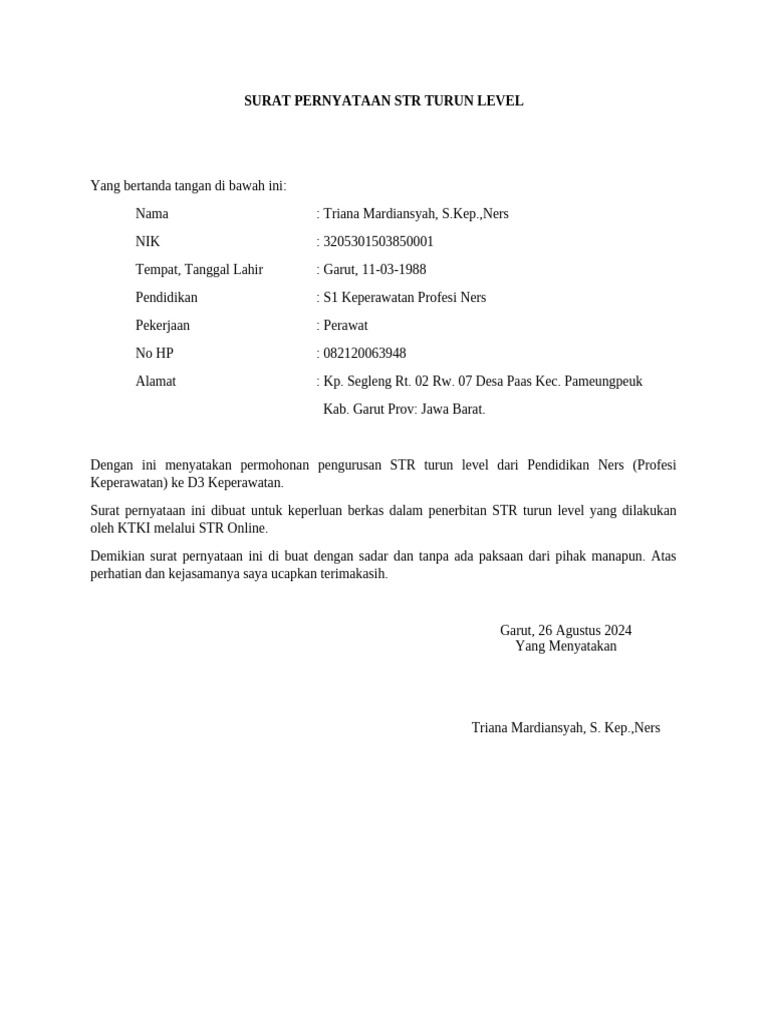 Surat Pernyataan STR Turun Level. Triana | PDF