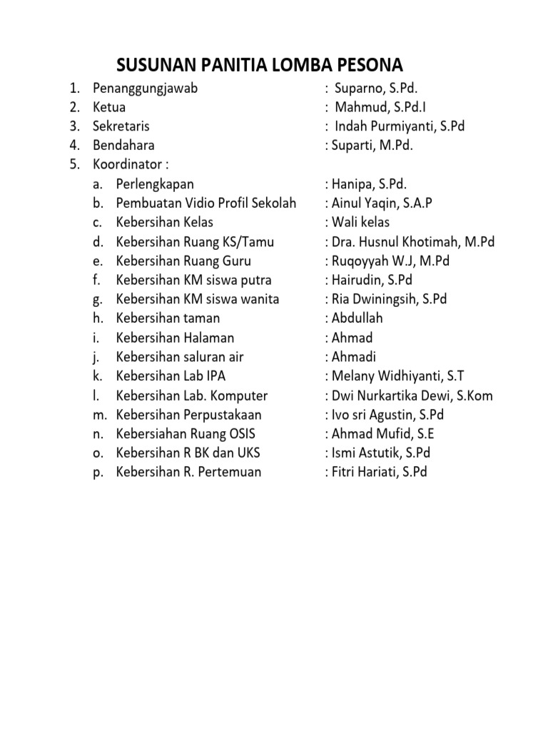 Susunan Panitia Lomba Pesona | PDF