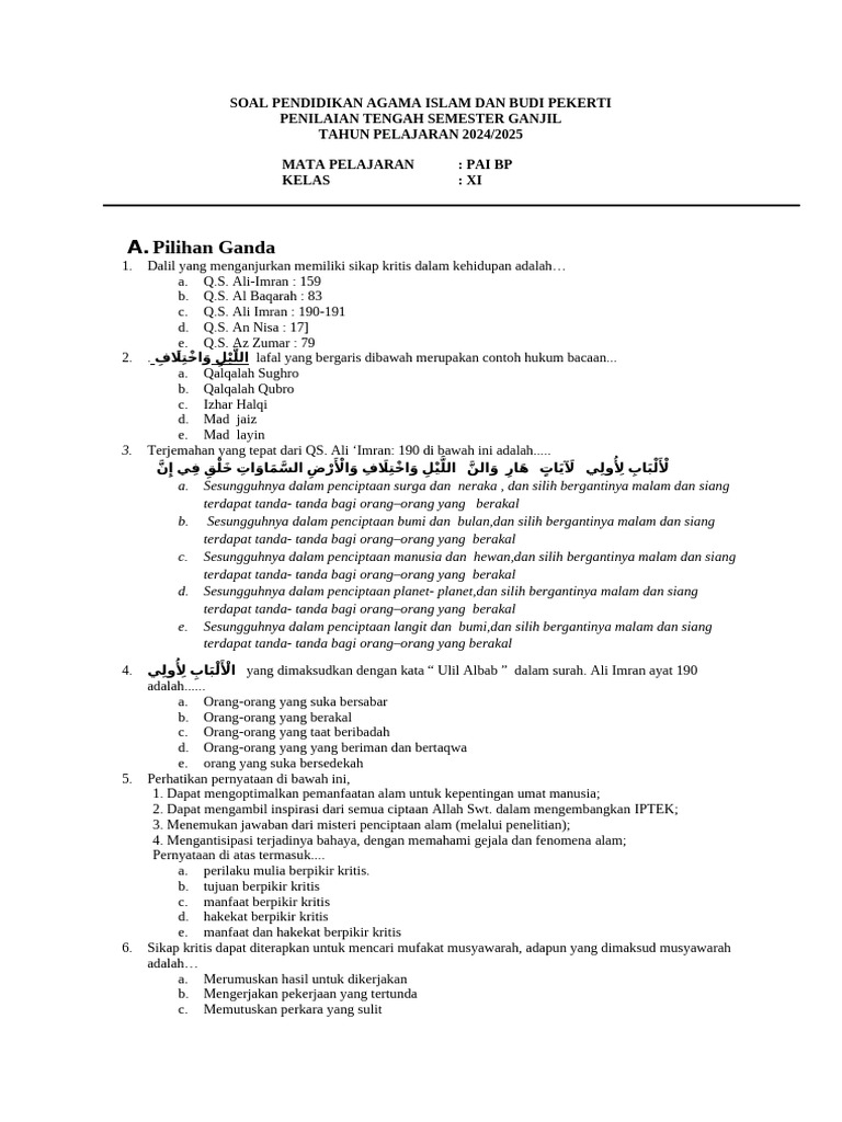 Soal PTS PAI Kelas XI - Semester Ganjil 2024-2025 | PDF | Abrahamic Religions | Religion ...