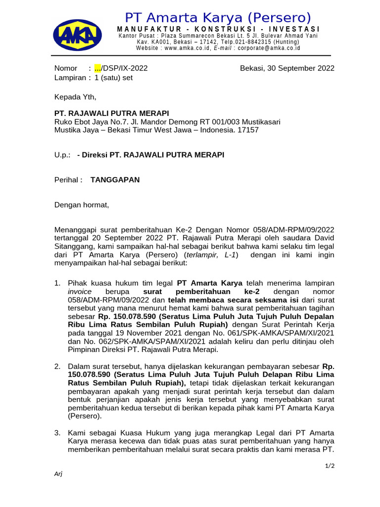 Draft Tanggapan PT Amarta Karya terkait surat pemberitahuan ke 2 oleh PT Rajawali Putra Merapi ...
