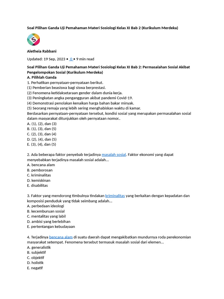 Soal Pilihan Ganda Uji Pemahaman Materi Sosiologi Kelas XI Bab 2 | PDF