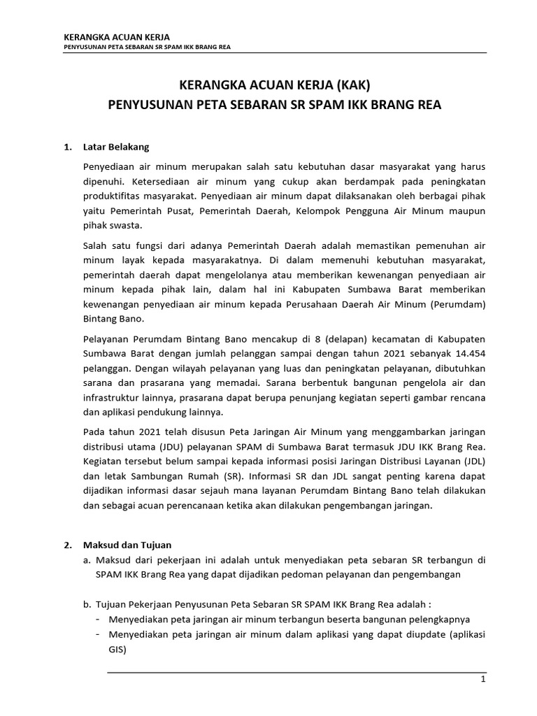 KAK Penyusunan Peta Sebaran SR SPAM IKK Brang Rea | PDF