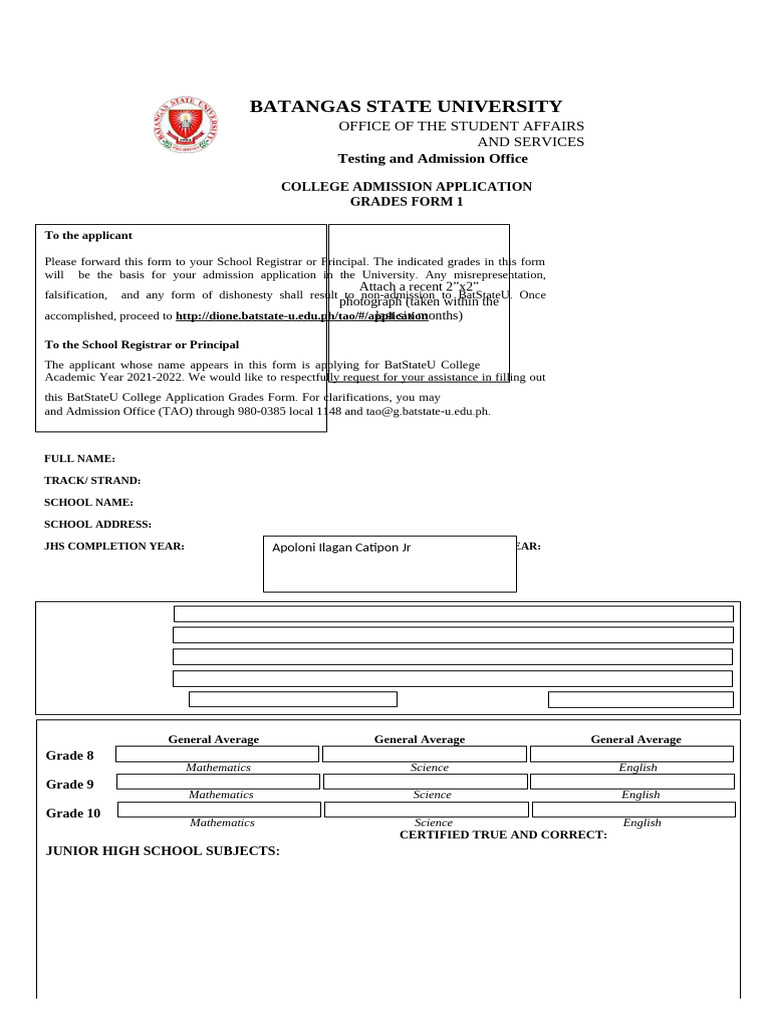 Batangas State University: Testing and Admission Office | PDF