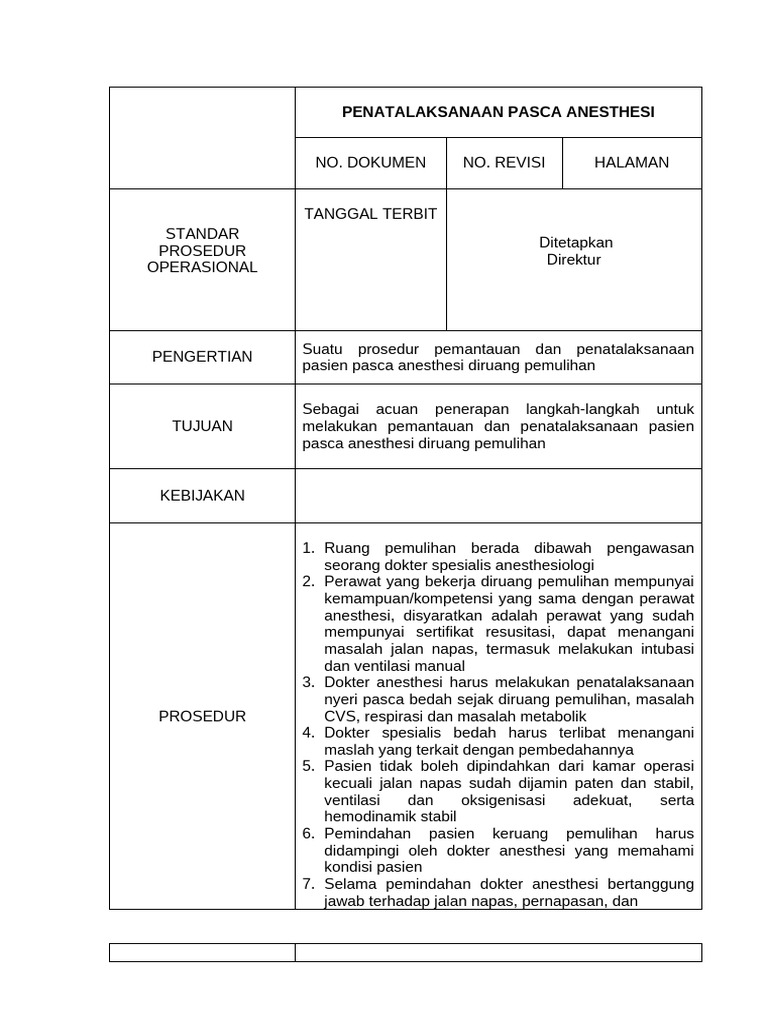 Spo Penatalaksanaan Pasca Anestesi | PDF
