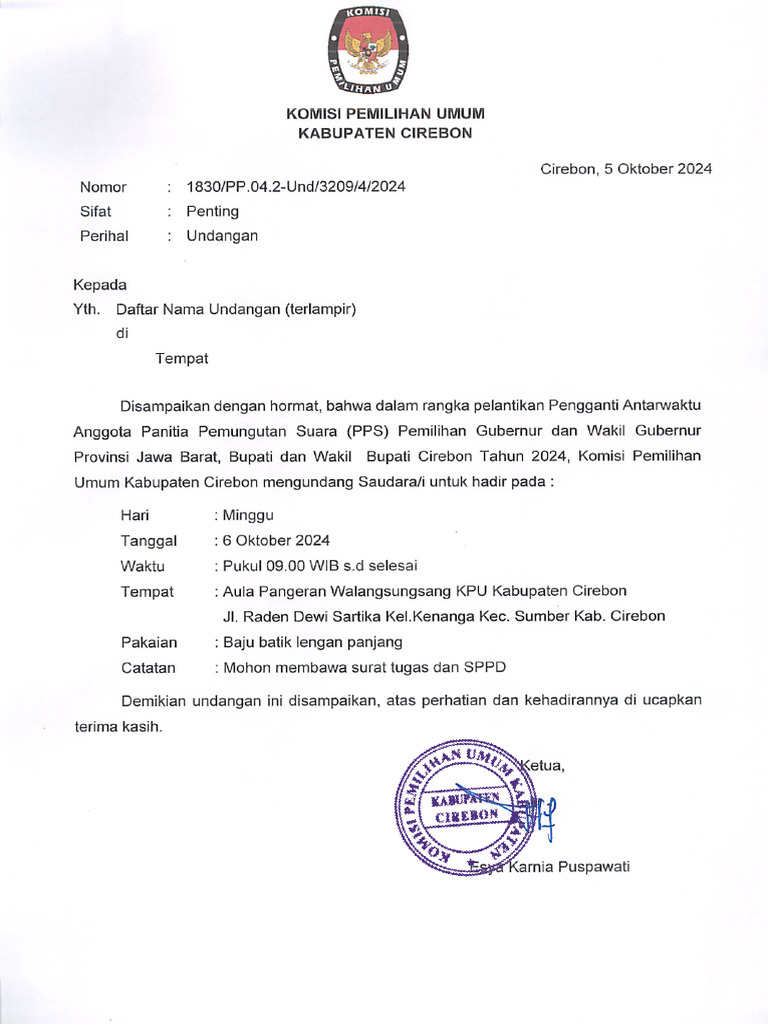 Undangan Pelantikan PAW PPS Pilkada Tahun 2024 (Yth. Ketua, Anggota PPK ...