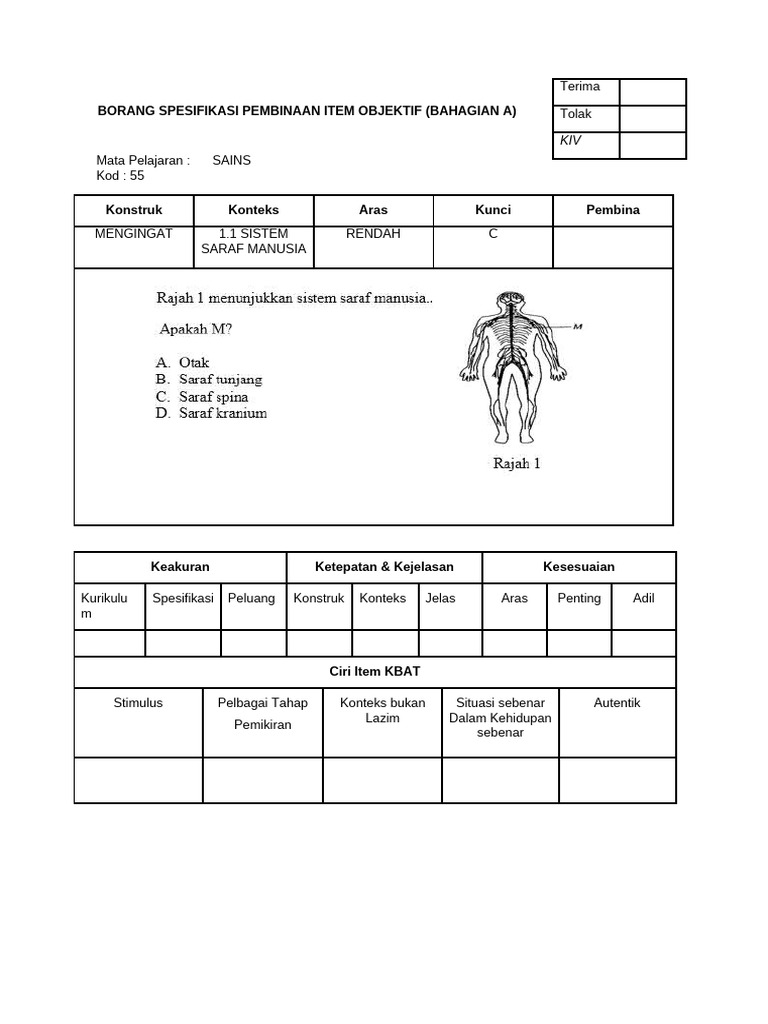 TASK (Item) - BORANG SPESIFIKASI PEMBINAAN ITEM OBJEKTIF & SUBJEKTIF | PDF